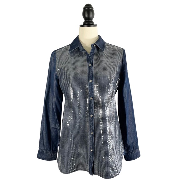 Chico's | Tops | Chicos Sequin Chambray Button Down Shirt Dark Wash ...